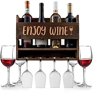 Bezrat Wall Mounted Wine Rack - 4 Wine Glasses Included 12 oz - Rustic Wood Wine Glasses & Bottle Holder, Housewarming Home décor Storage Wine Gifts - Wine Accessories for Women