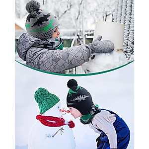 SATINIOR 6 Pieces Winter Boys Hat Dinosaur Warm Mittens Set Pompom Baby Knitted Hat Scarf Gloves Earflap Beanie (Stylish Color)