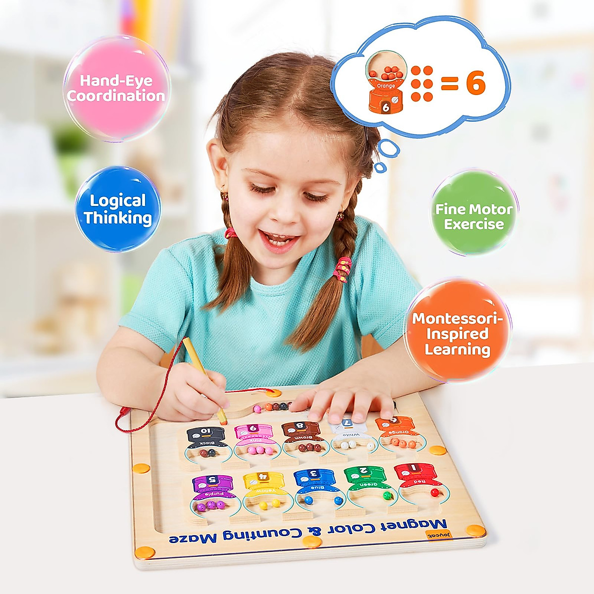 JoyCat Magnetic Color & Number Maze - Montessori Wooden Color Matching Learning Counting Puzzle Board - Toddler Fine Motor Skills Toys for Boys Girls 3 4 5 Years Old