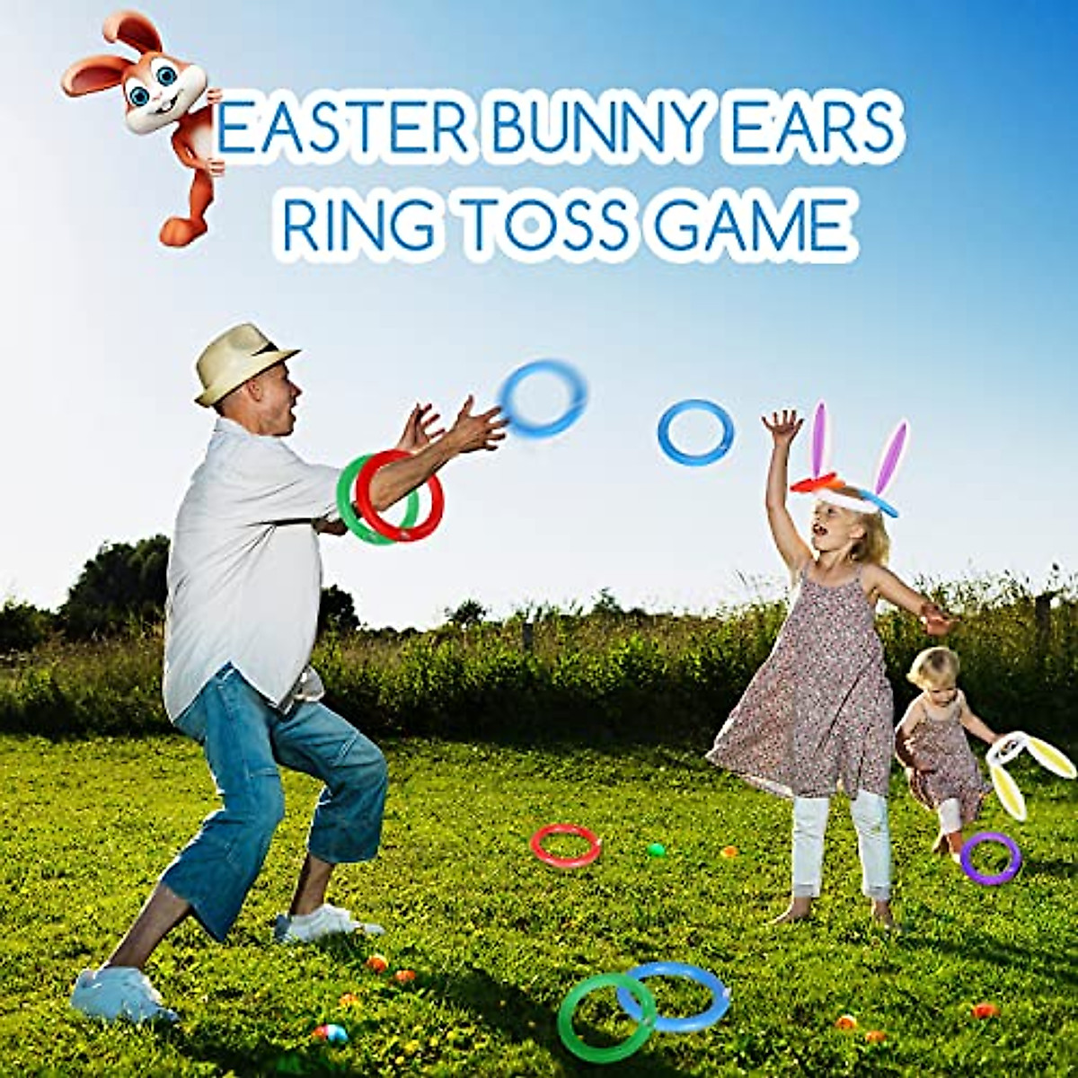 Easter Game Inflatable Bunny Ring Toss Games 2 Sets & 8 Rings, Inflatable Ring Toss Games 11Pcs with Pump for Easter Party Favors Indoor Outdoor Games