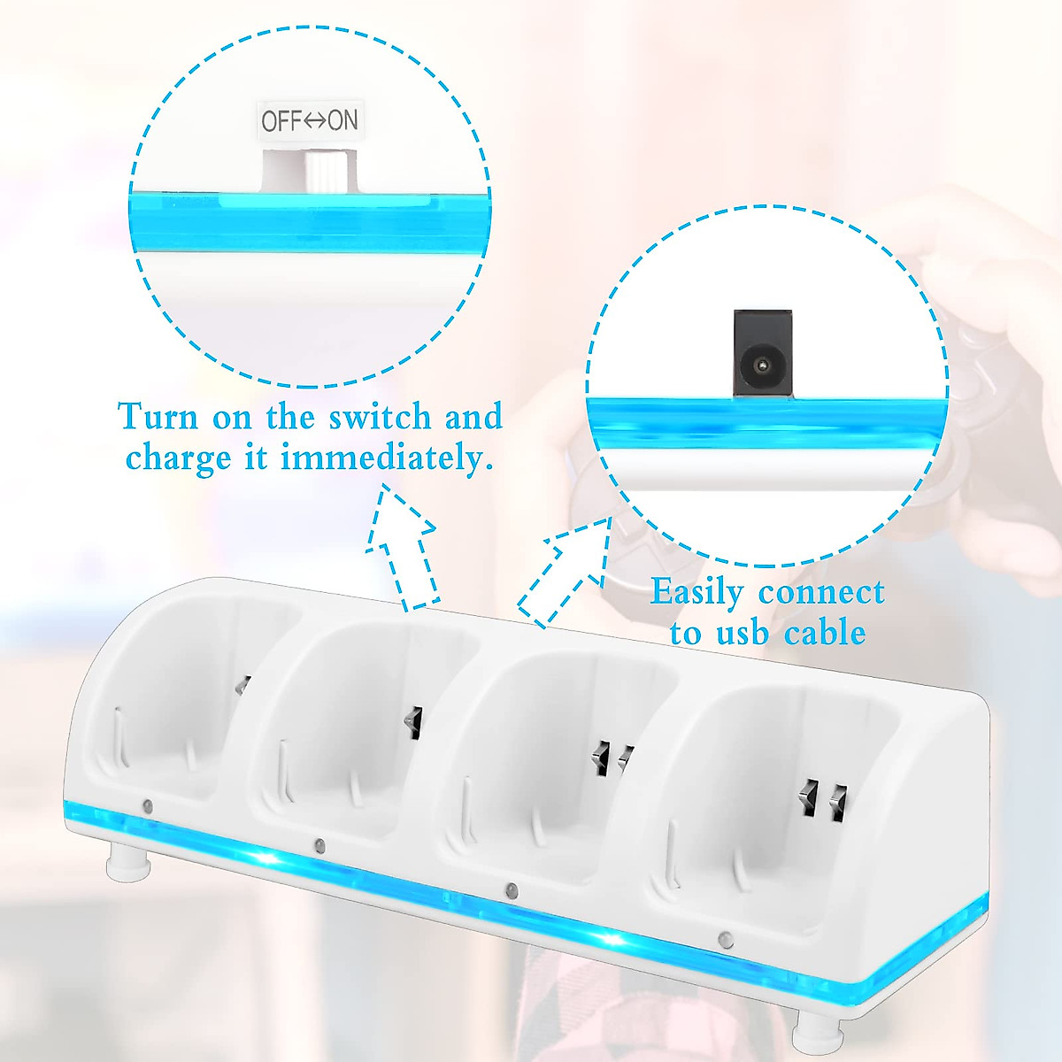 Kulannder Wii Remote Charging Station, 4-in-1 Controller Charger Station with 4 Wii Rechargeable Battery Pack & USB Cable for Wii/Wii U Controller Remote (White)