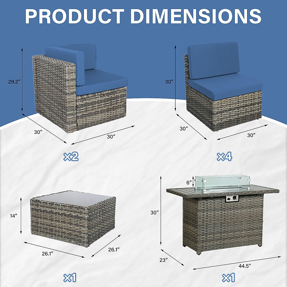 UIXE Outdoor Patio Furniture Sets with Propane Fire Pit Table, 8 Pieces Wicker Patio Sectional Sofa Lounge Couch Seating PE Rattan Conversation Set Includes 45" Gas Fire Table, Navy Blue