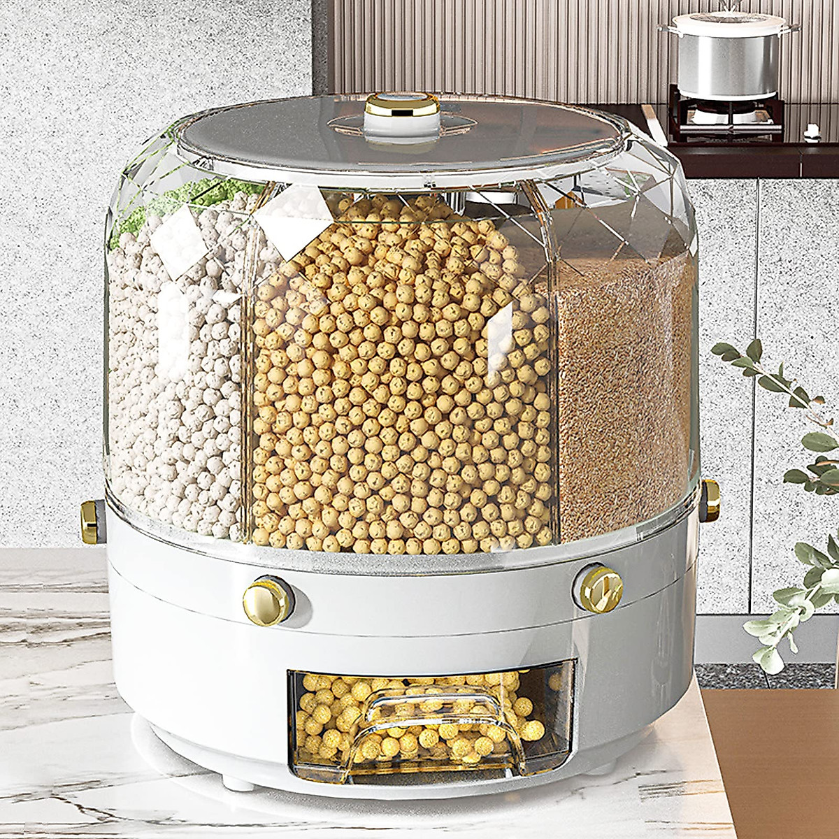 Rice and Grain Storage Container, 6KG Capacity 6 Grid Rice Dispenser, 360° Rotatable Food Storage Container, One Click Button Dry Food Storage Box Rice Bucket for Cereal, Grain, Beans(White)