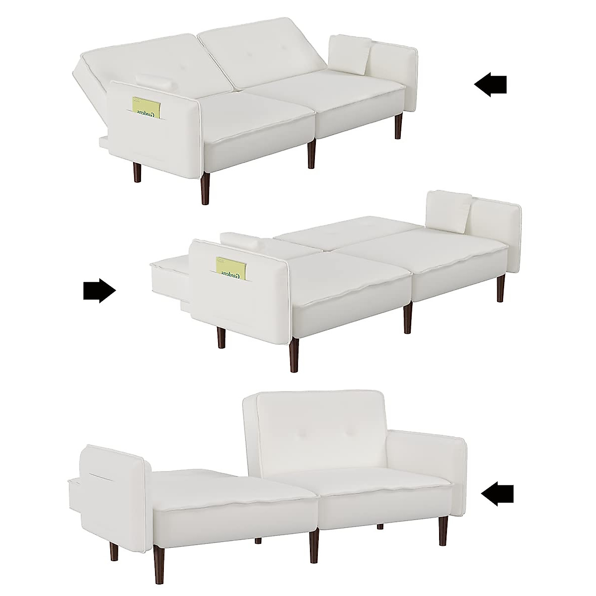 WILLIAMSPACE 75" Futon Sofa Bed, Convertible Sleeper Sofa with Magazine Bag, Small Splitback Sofa with Tapered Solid Wood Leg, Padded Seat and Back, Loveseat Couch for Living Room, Beige Fabric