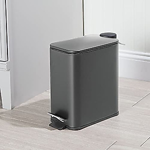 mDesign Slim Metal Rectangle 1.3 Gallon Trash Can with Step Pedal, Easy-Close Lid, Removable Liner - Narrow Wastebasket Garbage Container Bin for Bathroom, Bedroom, Kitchen, Office - Charcoal Gray