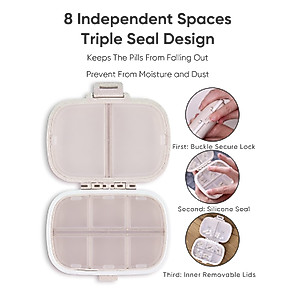 Holii Travel Pill Organizer, 8 Compartments Portable Pill Case, Daily Pill Box to Hold Vitamins, Small Pill Container for Pocket Purse Medicine Organizer（Khaki）
