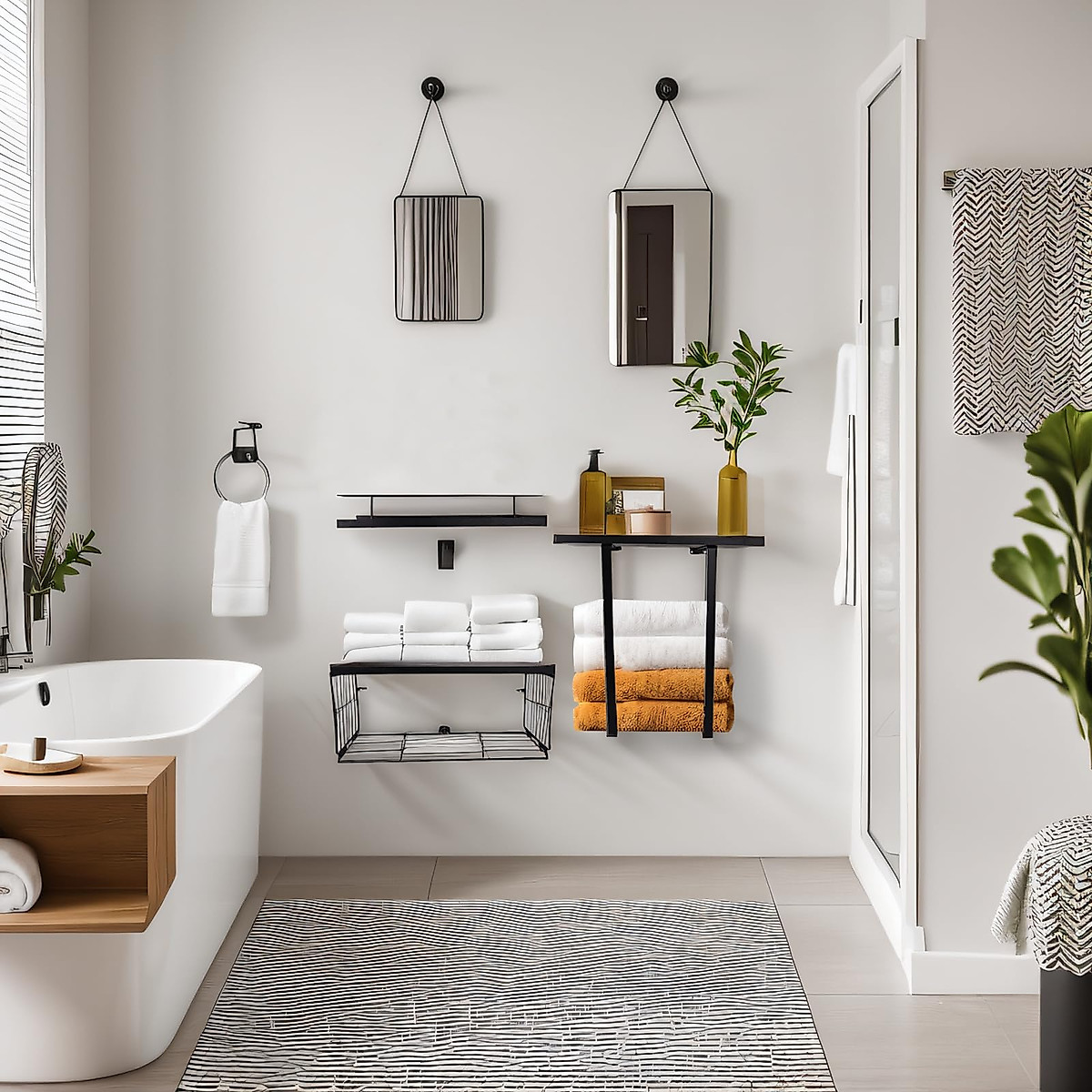 PSUTBPAT Bathroom Shelves Over Toilet for Wall，Floating Shelves Over Toilet Paper Holder，Wall Mounted Rustic Wood Storage Basket Shelves for Bedroom，Living Room & Kitchen, Black