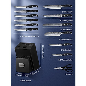 Knife Set, D.Perlla 14 Pieces Kitchen Knife Set with Built-in Sharpener, Stainless Steel Knives Block Set with Unique Waved Pattern, Non-slip Handle, Black