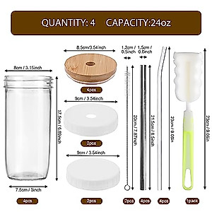Moretoes 4pcs 24oz Glass Cups with Lids and Straws, Mason Jar Cups, Iced Coffee Tumblers for Jumbo Smoothie, Bubble Tea, Cold Brew, Soda