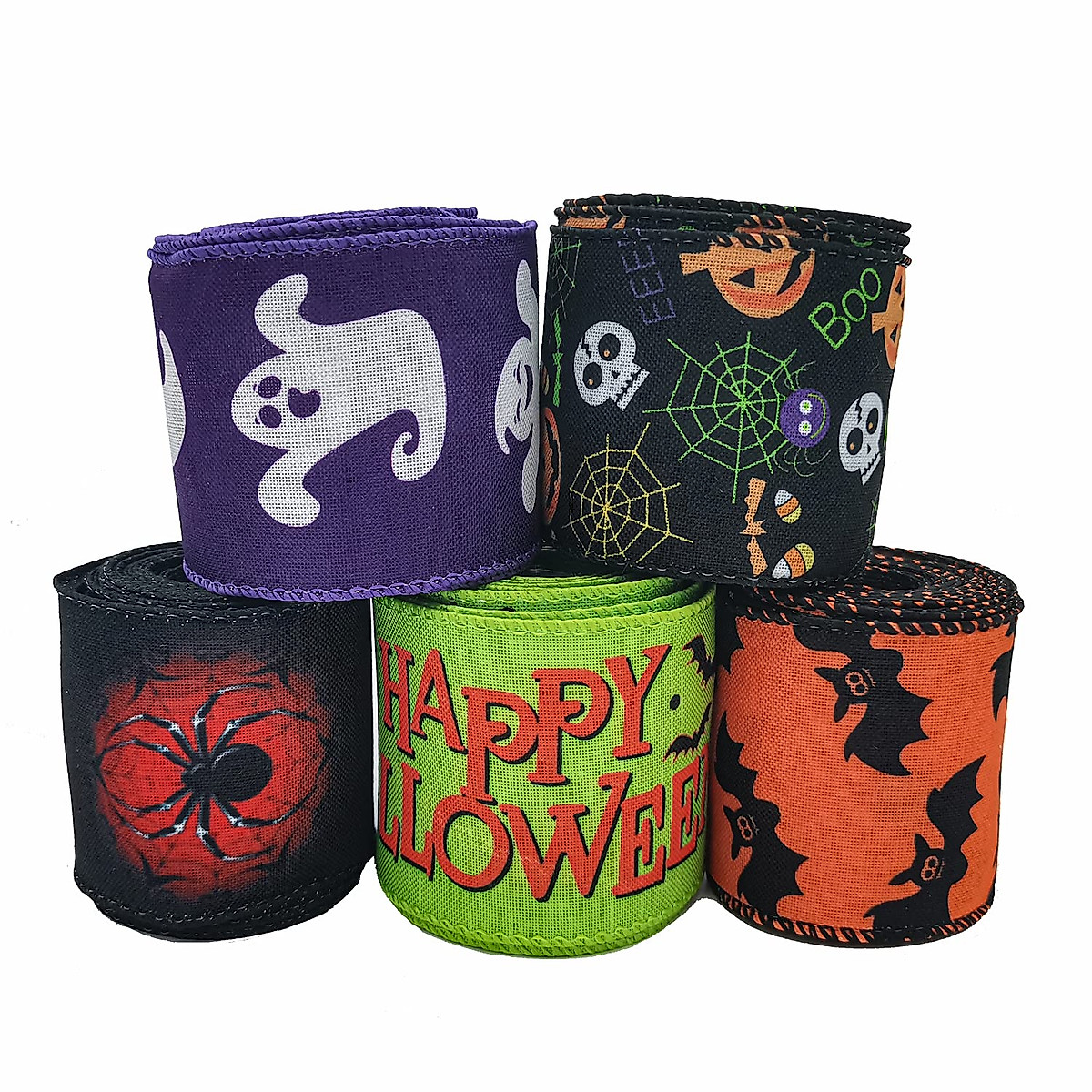 WOOPSOO 5Rolls Halloween Wired Edge Ribbon Spider Web Bat Ribbon Ghost Ribbon Halloween Wired Polyester Ribbon 2.5 Inch x 32 Yards, Present Wrapping Crafts,Autumn Wreath Home Decoration