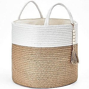 Mkono Woven Storage Basket Decorative Natural Rope Basket Wooden Bead Decoration for Blankets,Toys,Clothes,Shoes,Plant Organizer Bin with Handles Living Room Home Decor, 16"x13",White and Yellow