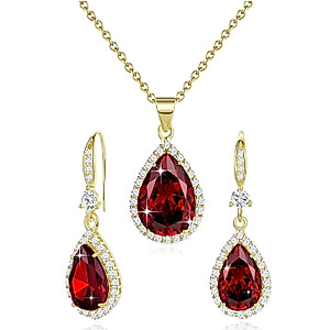 Women Jewelry Set Silver/Gold Plated Teardrop Pendant Necklace Dangle Drop Earrings Dangling Sets Birthstone Crystals Rhinestone,Birthday Anniversary Wedding Mother’s Day Gifts for Women Yellow Gold Plated Garnet