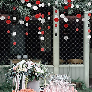 WEVEN Red Black Silver Glitter Paper Garland Circle Dot Streamer Party Banner Backdrop Hanging Decorations, 2.5" in Diameter, 20 Feet in Total