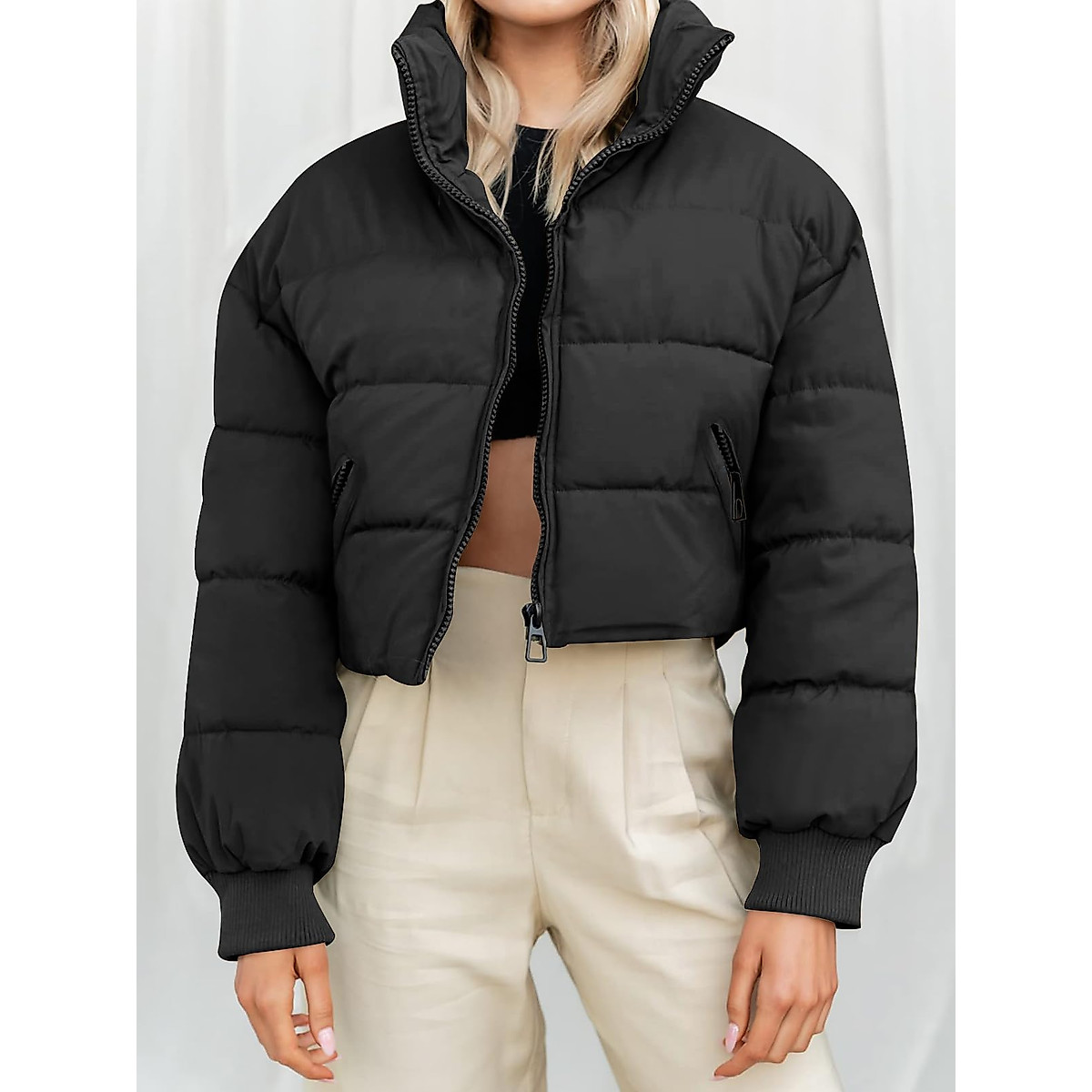 MEROKEETY Women's Winter Cropped Puffer Jacket Long Sleeve Oversized Stand Collar Zip-Up Short Coat