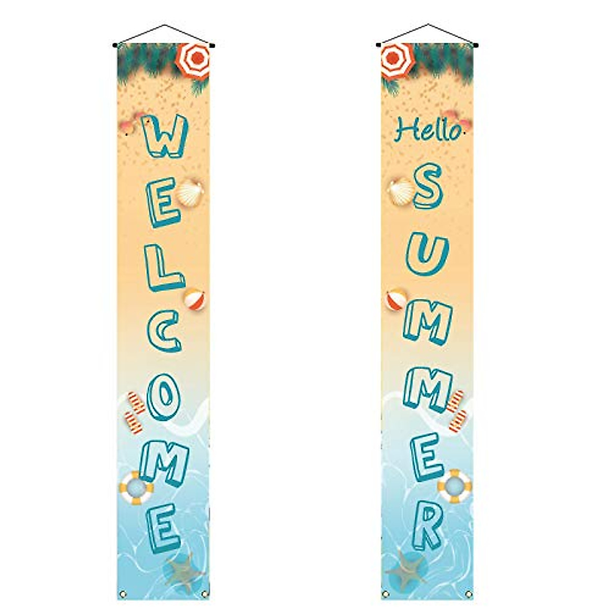 Pudodo Welcome Hello Summer Porch Banner Beach Themed Sea Palm Leaves Starfish Seashell Holiday Party Front Door Wall Sign Decoration