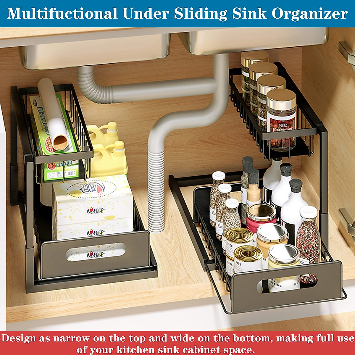 LFGKeng Under Sliding Sink Organizer, Pull Out Cabinet Drawer 2 Tier, Under Sink Shelf Organizer Rack, Under Cabinet Storage for Kitchen Spice Organizer, Bathroom Countertop Organize Baskets(Black)