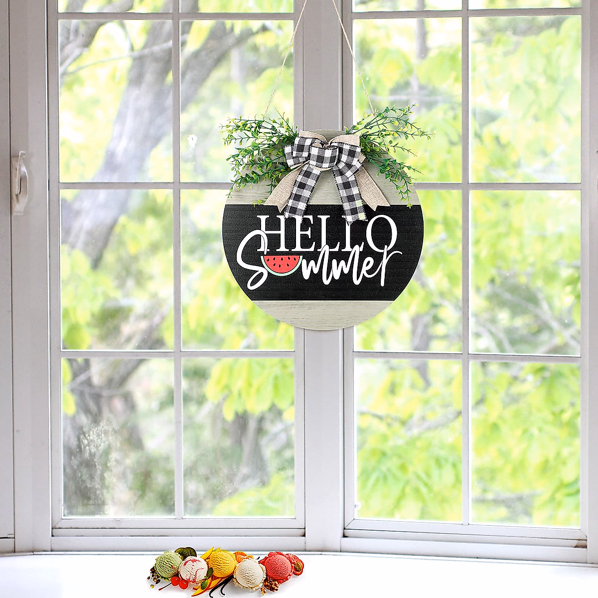 Jetec Hello Summer Sign Wood Door Hanger Rustic Watermelon Plaque Porch Decor Wooden Round Hello Summer Sign with Burlap Bow Wreaths for Summer Home Farmhouse Porch Garden Yard Decoration
