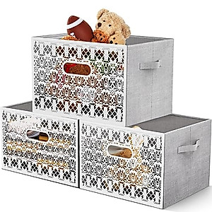 Iirios Storage Bins, Linen Collapsible Storage Box, Metal Stackable Storage Containers with Handles, Decorative Storage Baskets for Shelves, Clothing, Blanket, Comforters, Bed Sheets, 3 Pack (White)
