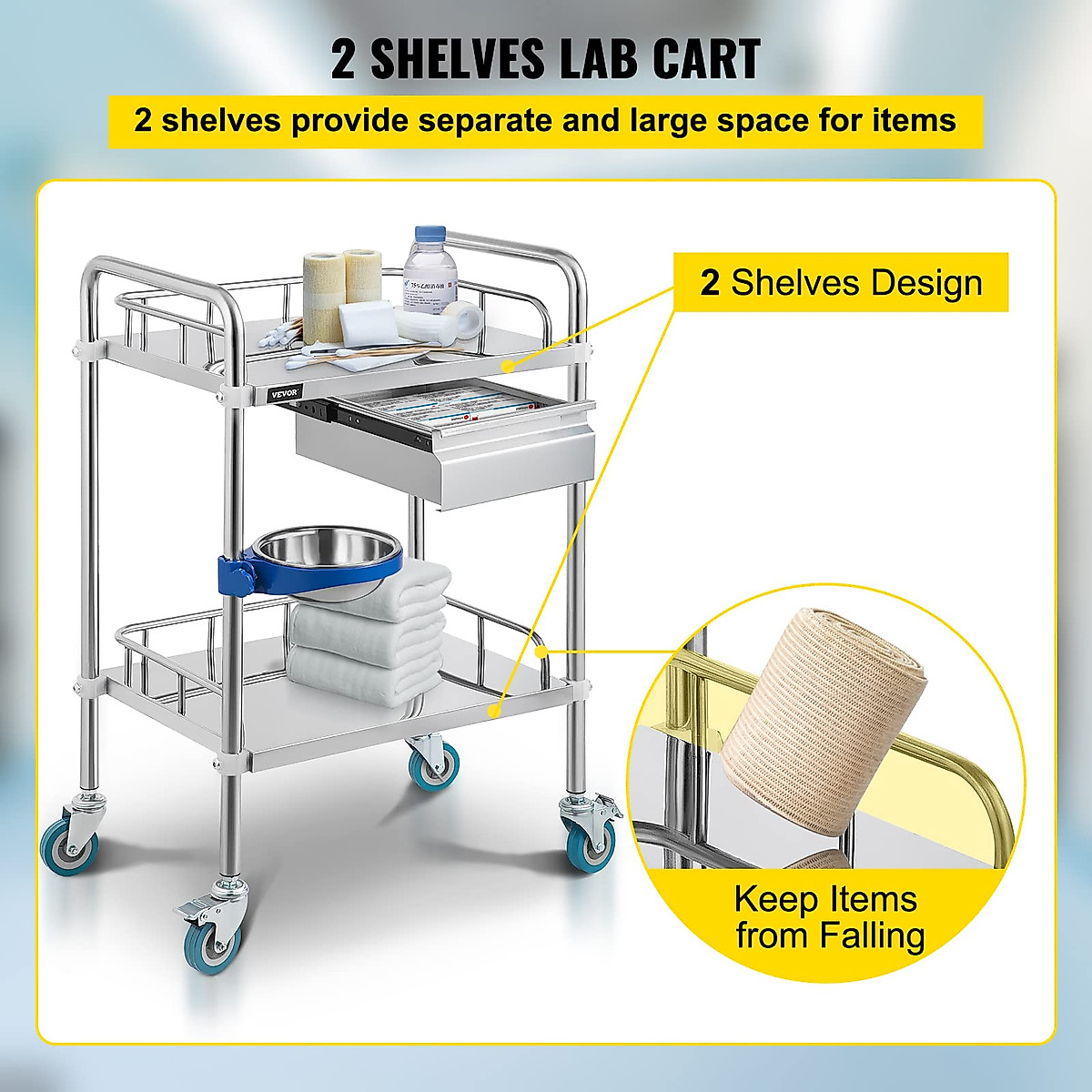VEVOR Lab Cart 2 Layers Dental Cart with 1 Drawer Stainless Steel Cart 1 Refuse Basin Lab Utility Cart w/Silent Omnidirectional Wheels Stainless Utility Cart for Laboratory Hotel Restaurant Home Use