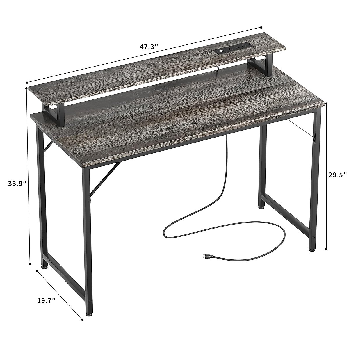 iSunirm 47 inch Computer Desk with Power Outlets, Gaming desk with LED Lights, Home Office Work Desk with Monitor Shelf, Modern Office Desk Study Writing Table for Small Spaces, Black Oak