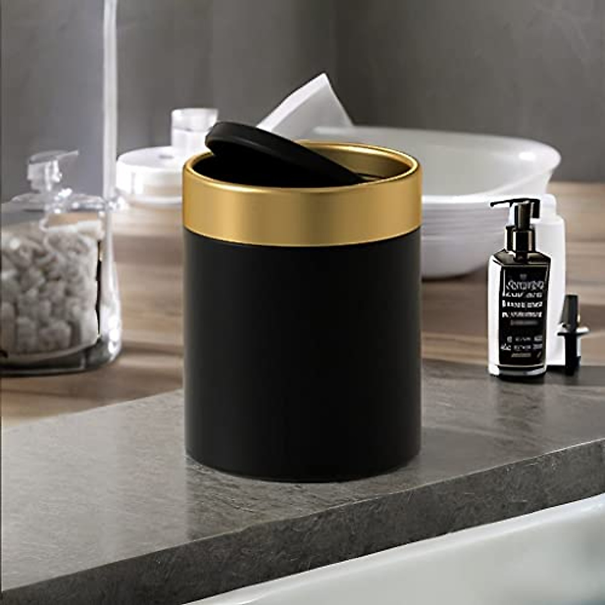 JILLICK Small Trash Can with Lid, Mini Desk Trash Can, 1.5 Liter / 0.4 Gallon Small Metal Garbage Can for Countertop Coffee Bar, Black