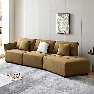 kevinplus 120'' Sectional Sofa Couch for Living Room, Modern Contemporary Sofa Couch with Curved Tufted Seat, Sofa Couch with Throw Pillow for Apartment, Teddy Fabric, Dark Yellow