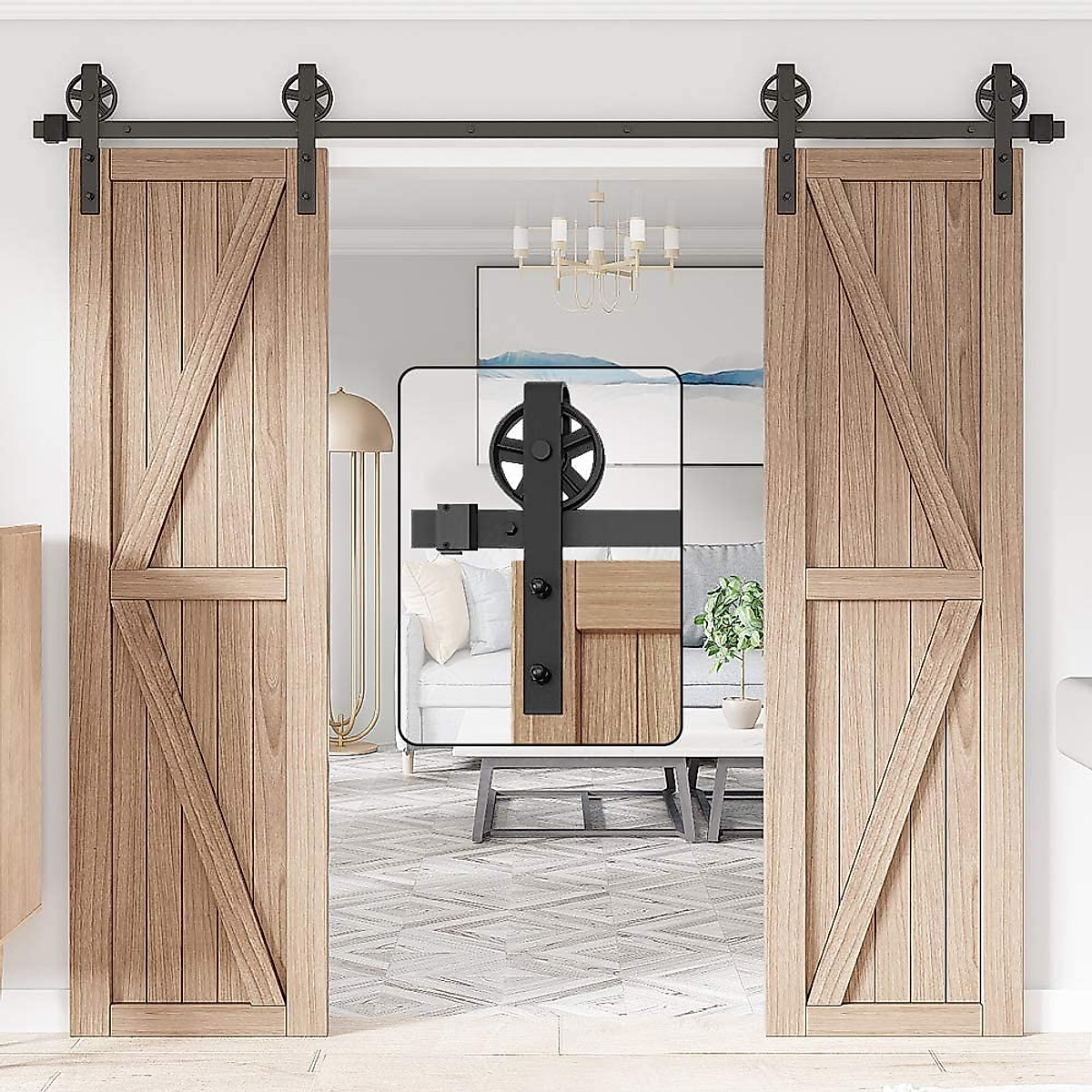 WINSOON 9FT Wood Double Sliding Barn Door Hardware Basic Black Big Spoke Wheel Roller Kit with 2PCS 12 Inch Sliding Barn Door Handles Black Hardware with Pull and Flush Barn Door Handle Set