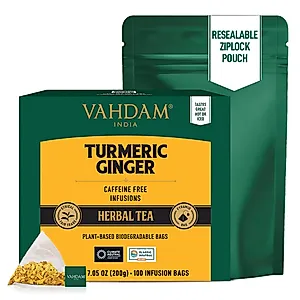 VAHDAM, Organic Turmeric Ginger Herbal Tea (100 Pyramid Tea Bags) Caffeine Free, Superfood w/USDA Organic Turmeric & Ginger | Herbal Tea Bags, Packed in Resealable Ziplock Pouch