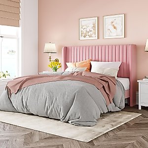 Allewie Full Size Velvet Bed Frame/Vertical Channel Tufted Wingback Headboard/Upholstered Platform Bed/Strong Wooden Slats/No Box Spring Needed/Easy Assembly/Pink