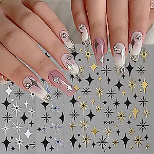 6 Sheets Sun Star Nail Art Stickers Bronzing Moon Nail Decals 3D Self-Adhesive Heart Nail Stickers Rose Gold Sliver Starlight Moon Star Nail Designs Sticker for Women DIY Acrylic Nail Art Supplies