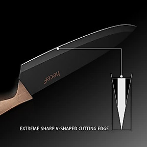 hecef Vintage Kitchen Knife Set, Stainless Steel Non-stick Black Coated Knives with Extra Sheaths, Includes 8'' Chef Knife, 8'' Bread Knife, 7'' Santoku Knife, 5''Utility Knife and 3.5'' Paring Knife