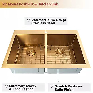 Zeesink Double Bowl Kitchen Sink,Drop in Kitchen Sink 33 X 22 inch,Gold Kitchen Sink,Top Mount Kitchen Sink,16 Gauge Stainless Steel Kitchen Sinks