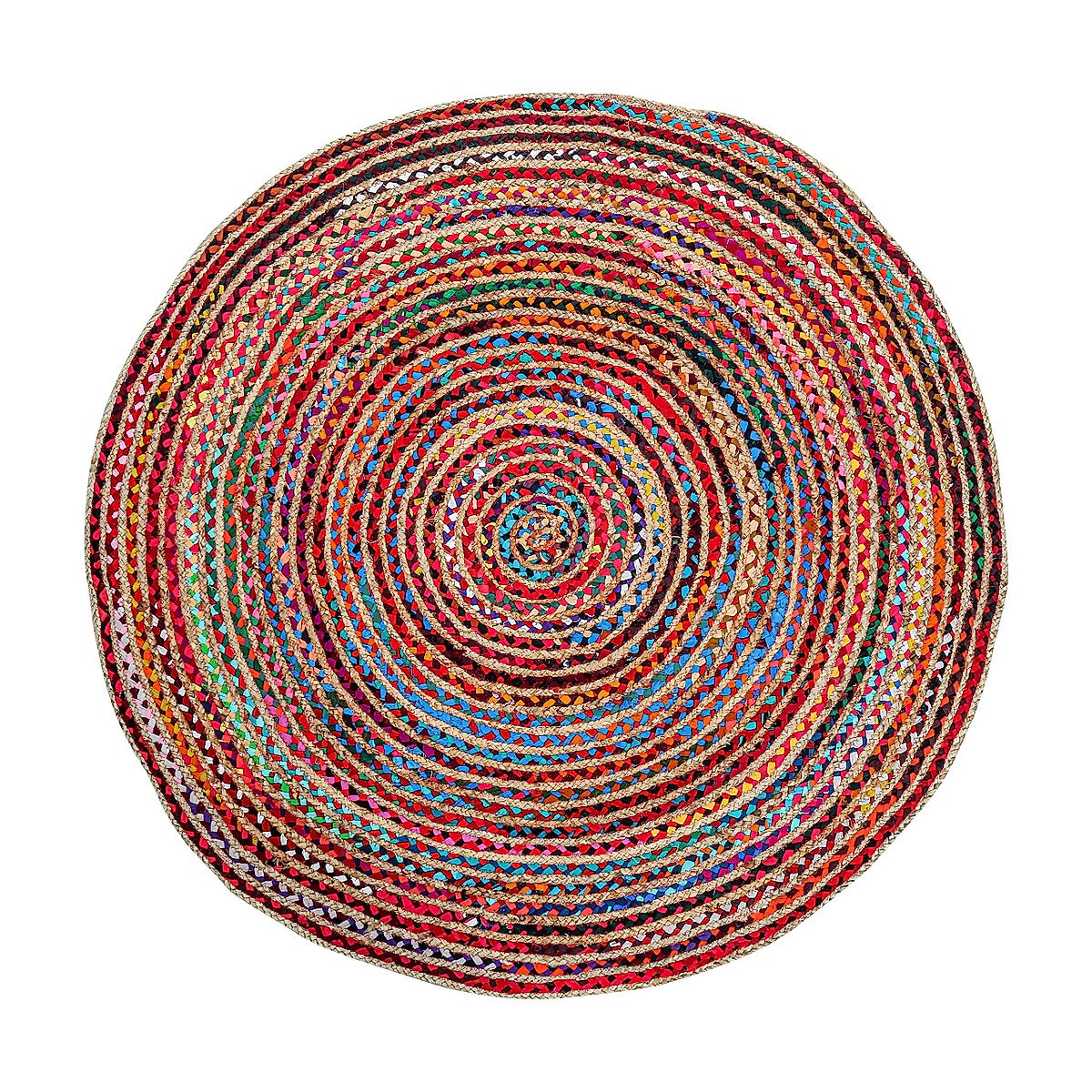 RIANGI - 4' Round Handwoven Jute Chindi Area Rug - Colorful Boho Rugs for Living Room - Hand Braided Multicolor Bohemian Rug for Farmhouse, Bedroom, Dining Room, Classroom, Hallway, Kitchen, Office