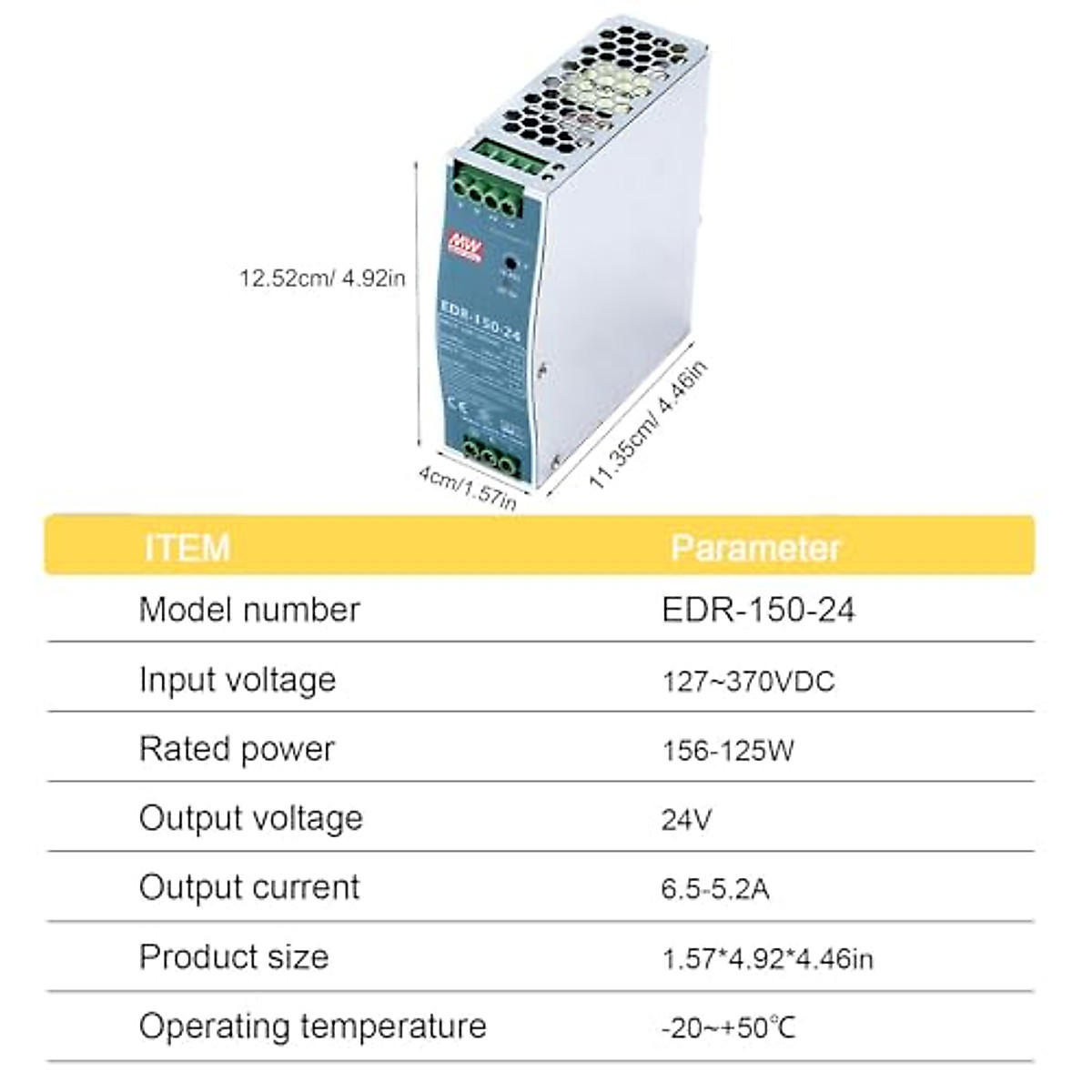 Mean Well EDR-150-24 24V 6.5A 156W/125W Industrial DIN Rail Power Supply - Rugged, Reliable Performance, Wide 90-264VAC Input, Extended -20°C~+60°C Operating Temperature Range