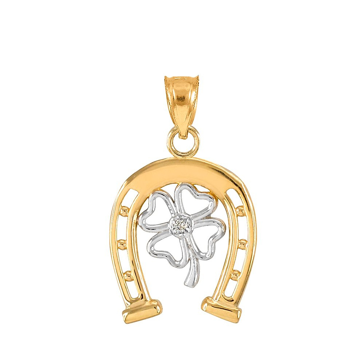 10k Two-Tone Gold Lucky Horseshoe with Irish 4-Leaf Clover 0.007 Carats Diamond Pendant