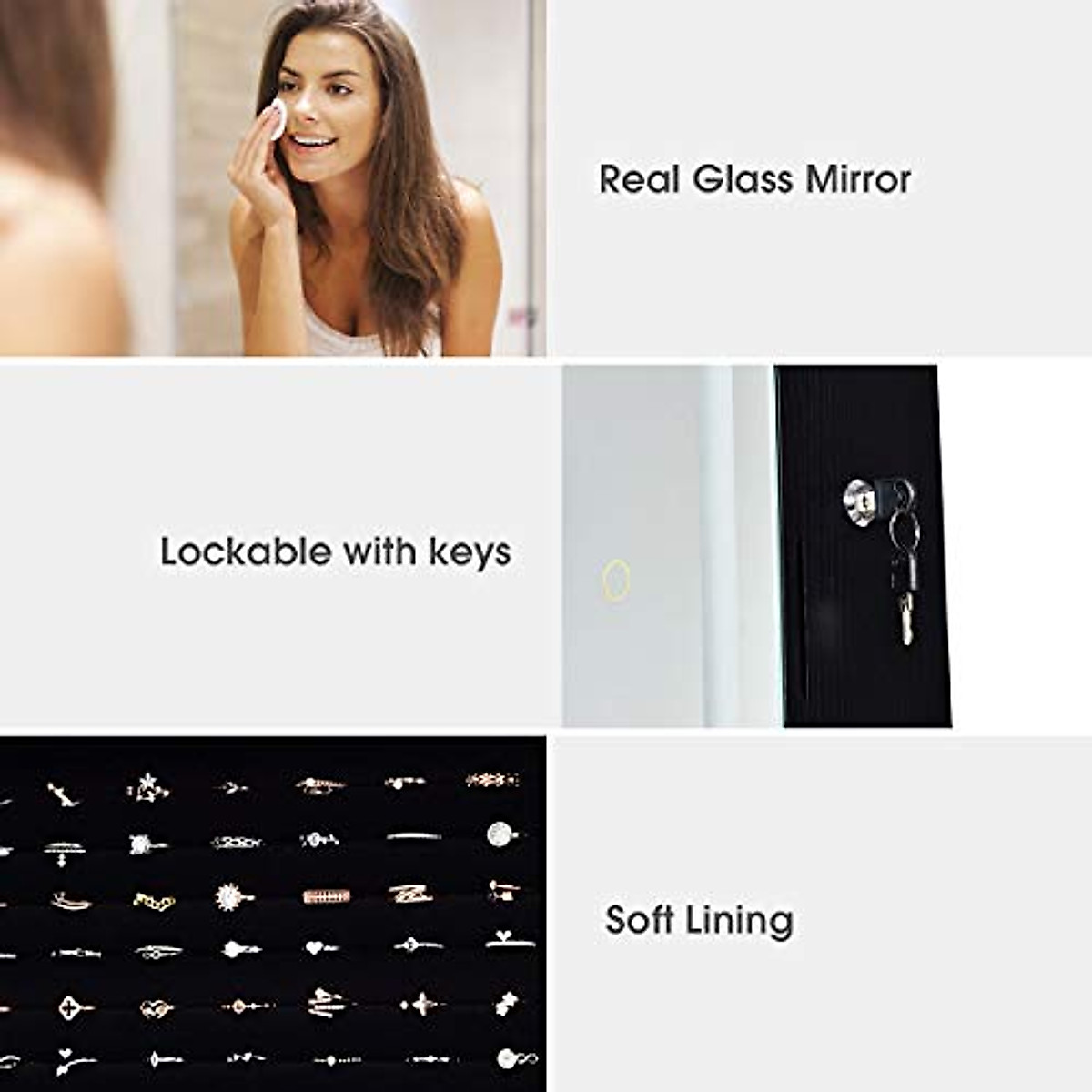 AUGESTER Jewelry Cabinet w/ Full Length Mirror, 47.5'' Wall/Door Mounted Jewelry Armoire w/ LED Touch Screen Mirror, Large Storage, Lockable Jewelry Organizer Armoire (Black)