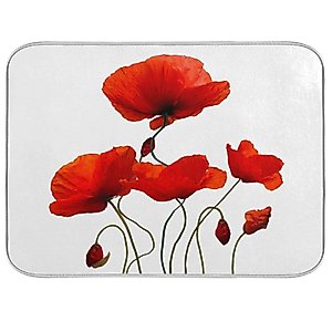 Oarencol Poppy Red Flower Dish Drying Mat Large Kitchen Counter Reversible Microfiber Dishes Drainer Mat 18 x 24 Inch