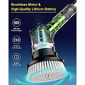 Electric Spin Scrubber, Upgraded Cordless Cleaning Brush, 2 Speeds (Up to 450 RPM), 3 Replaceable Brush Heads, 53inch Adjustable & Detachable Handle - Perfect for Bathroom, Tub, Tile, and Floor