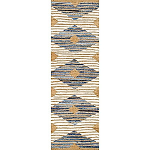 nuLOOM Hand Braided Marla Denim And Jute Diamonds Runner Rug, 2' 6" x 8', Off-white