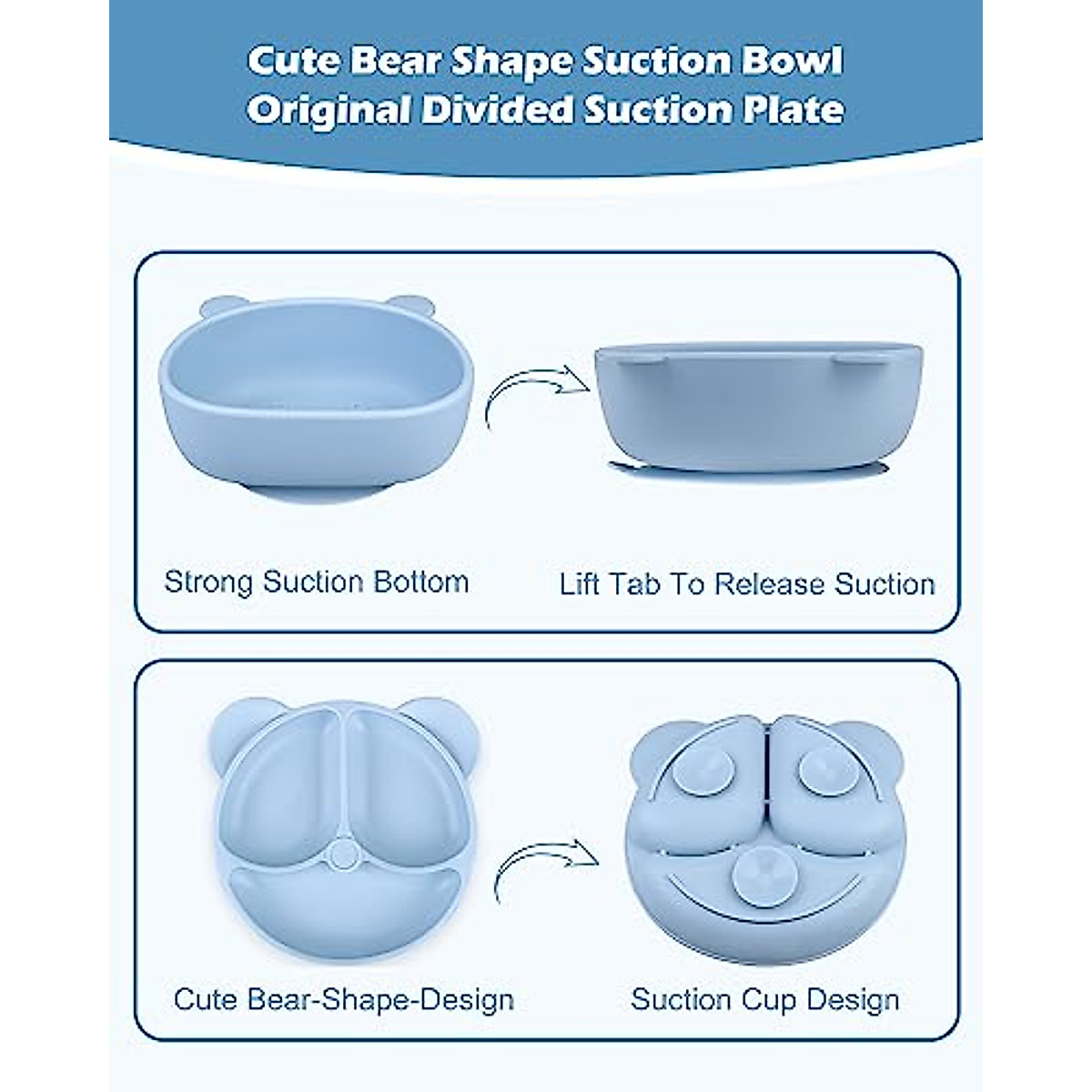OFUN 8 Pack Silicone Toddler Feeding Set, Baby Led Weaning Supplies with Adjustable Bib, Divided Suction Plate, Bowl and a Sippy Cup, with 2 Spoon, 2 Folk, Eating Utensil for 6+ Months, Blue