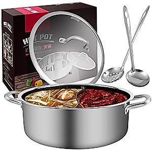 Panghuhu88 11inch Hot Pot with Divider Lid Stainless Steel Shabu Shabu Pot for Induction Cooktop Gas Stove Kitchen Cooker, Dual Sided Soup Cookware with 2 Soup Ladles
