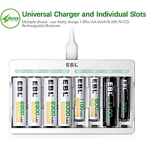 EBL Rechargeable AAA Batteries 1100mAh (8 Counts) and 8 Slot AA AAA Independent Rechargeable Battery Charger with 5V 2A USB Fast Charging Function