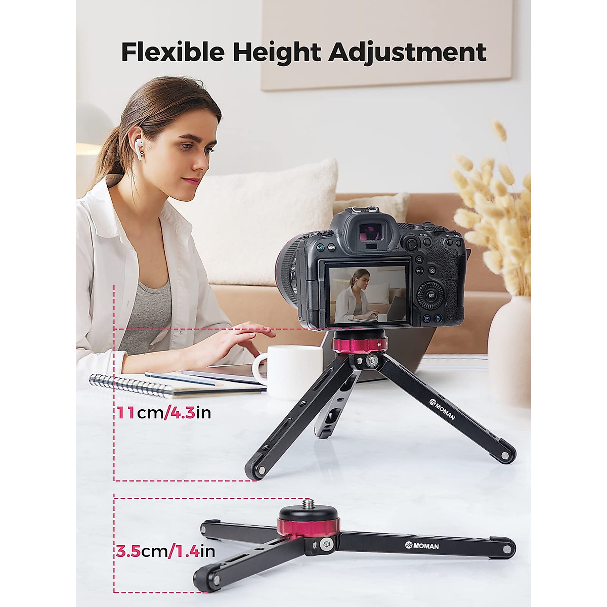 Mini Camera Tripod, Moman Tabletop Short Tripod Desktop TR01 with 1/4 and 3/8 Screw Mount and Function Leg CNC Aluminum Tripod for DSLR Camera/GoPro/Video/Camcorder, Max Payload of 176 Lbs/80Kg, Red