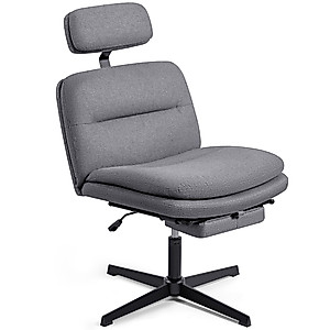 Flamaker Desk Chair Comfy with Footrest & Headrest, Criss Cross Legged Office Chairs No Wheels, Fabric Modern Armless Swivel Adjustable Vanity Chair