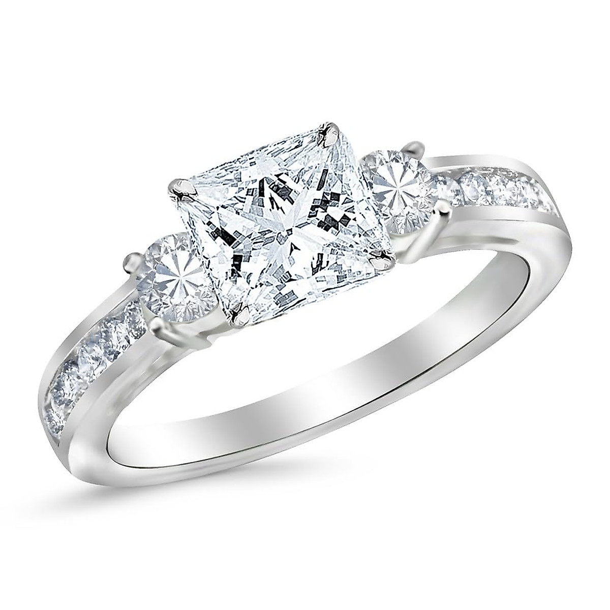 White Gold 3 Stone Channel Set Princess Cut Diamond Engagement Ring with a 0.5 Carat GIA Certified Princess Cut E Color VS1 Clarity Center Stone