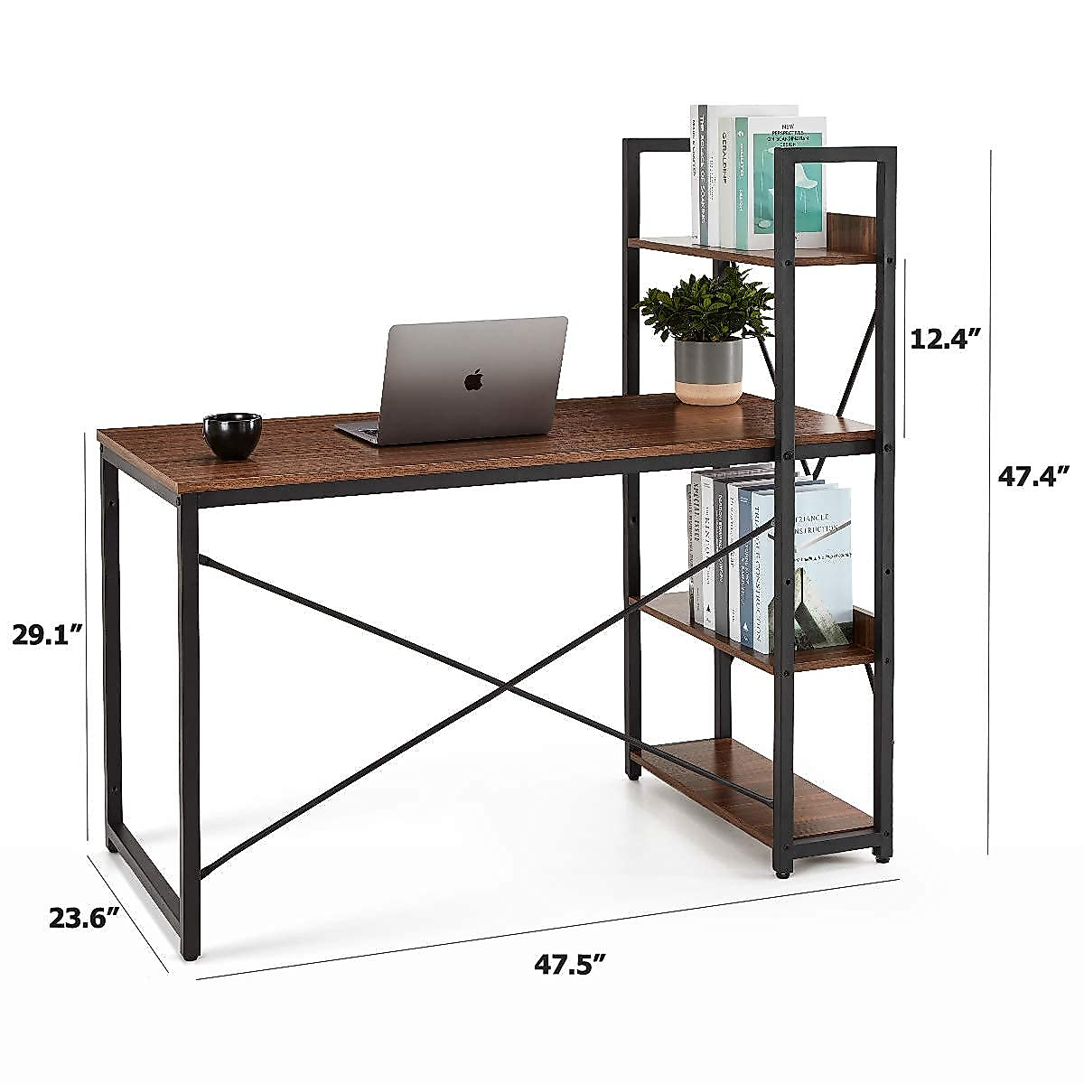 LIFEFAIR Home Office Desk with Shelves 47", Computer Desk Modern Writing Desk with Bookshelf for Home and Office Easy Assemble