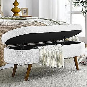 TRIPLE TREE 43.5" Storage Ottoman Bench with 250lb Seating, Linen Upholstered Wood Legs Safety Hinge Flip Top Oval Foot Rest Long Stool for Sofa Couch Bedroom End of Bed Living Room Entryway, White