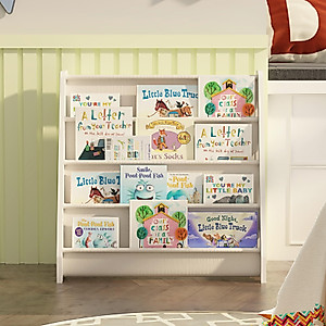 NACHES Kids Bookshelf 4 Tier White Kids Book Rack Storage Sling Nursery Display Shelf Toddler Baby Girls’ Boys’ Bedroom Playroom Classroom Fabric Bookcase for Children Age 1-5