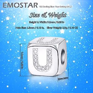 Letter U Dice-Shaped Charm Initial A-Z Alphabet Beads, 925 Sterling Silver Square Cube Charms with CZ fits Pandora Style Bracelet, Gifts for Mothers Day/Uncle/Valentines