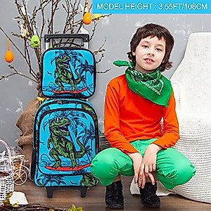 3PCS Rolling Backpack for Boys, Kids Roller Wheels Bookbag, Wheeled School Bag with Lunch Bag - Dinosaur